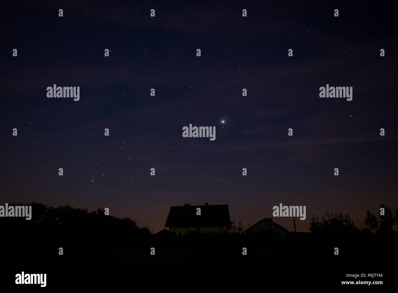 Night sky and house. Astronomic photography, bright stars above the ...