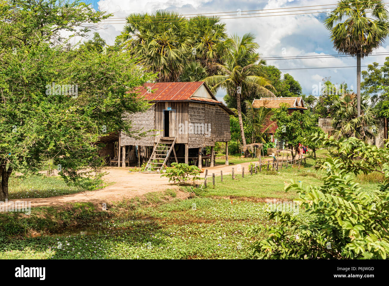 Typical Cambodian houses at the countryside road near Kampong Thom in ...