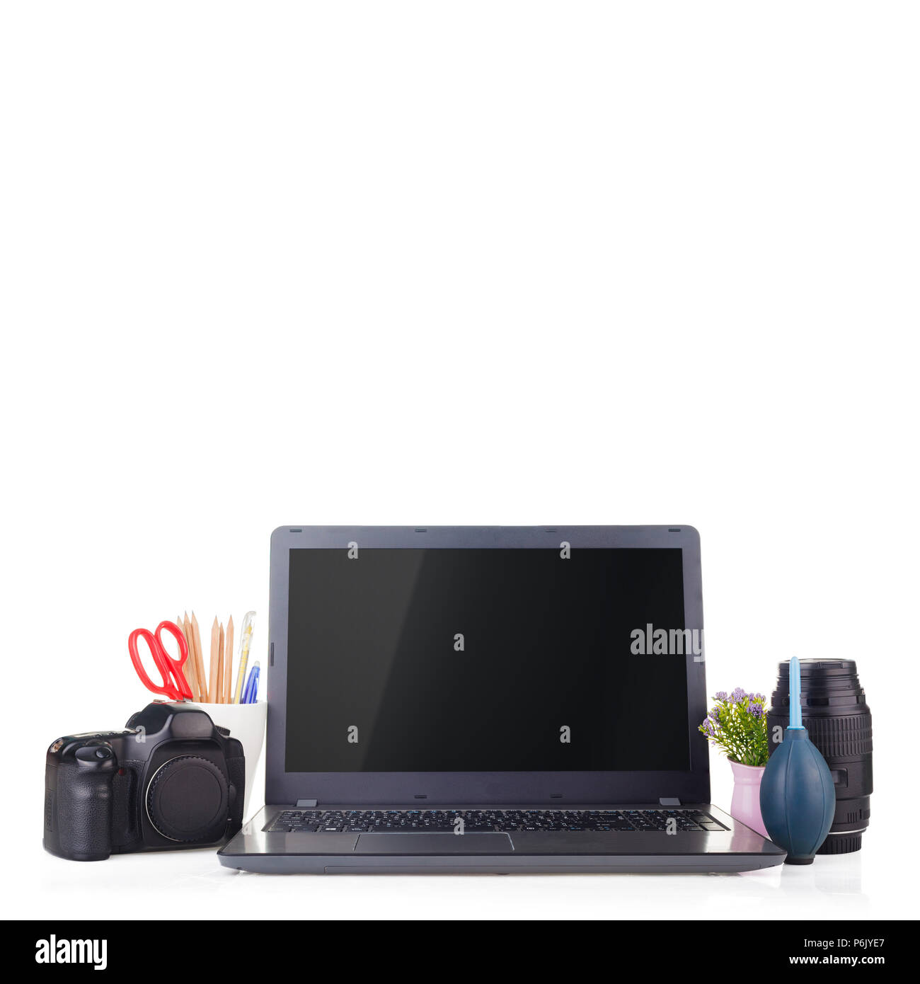 Work place with laptop and camera equipment. Objects on the isolated ...