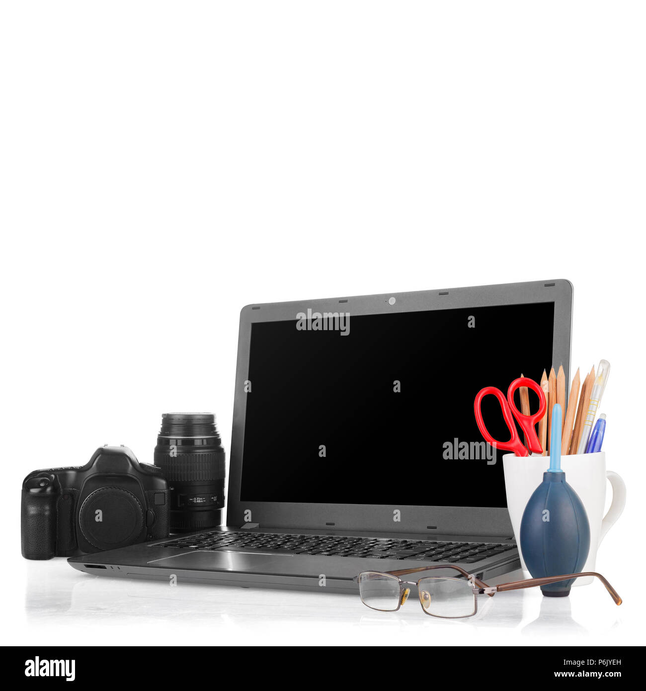 Photography work place and camera equipment. Objects on the isolated ...