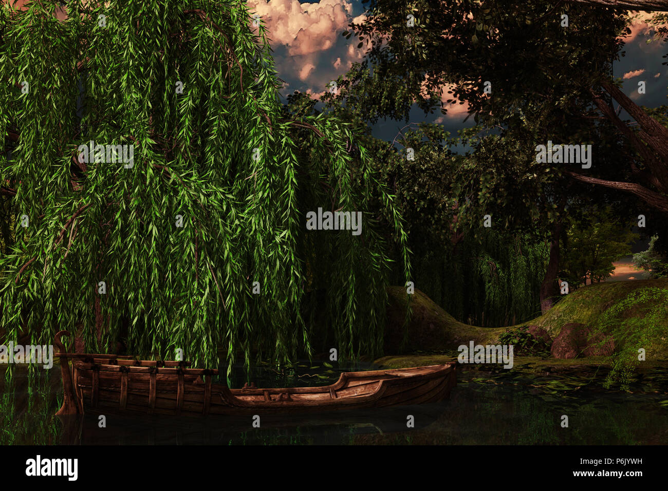 Old wooden boat floating in a pond under a willow tree, 3d render Stock ...