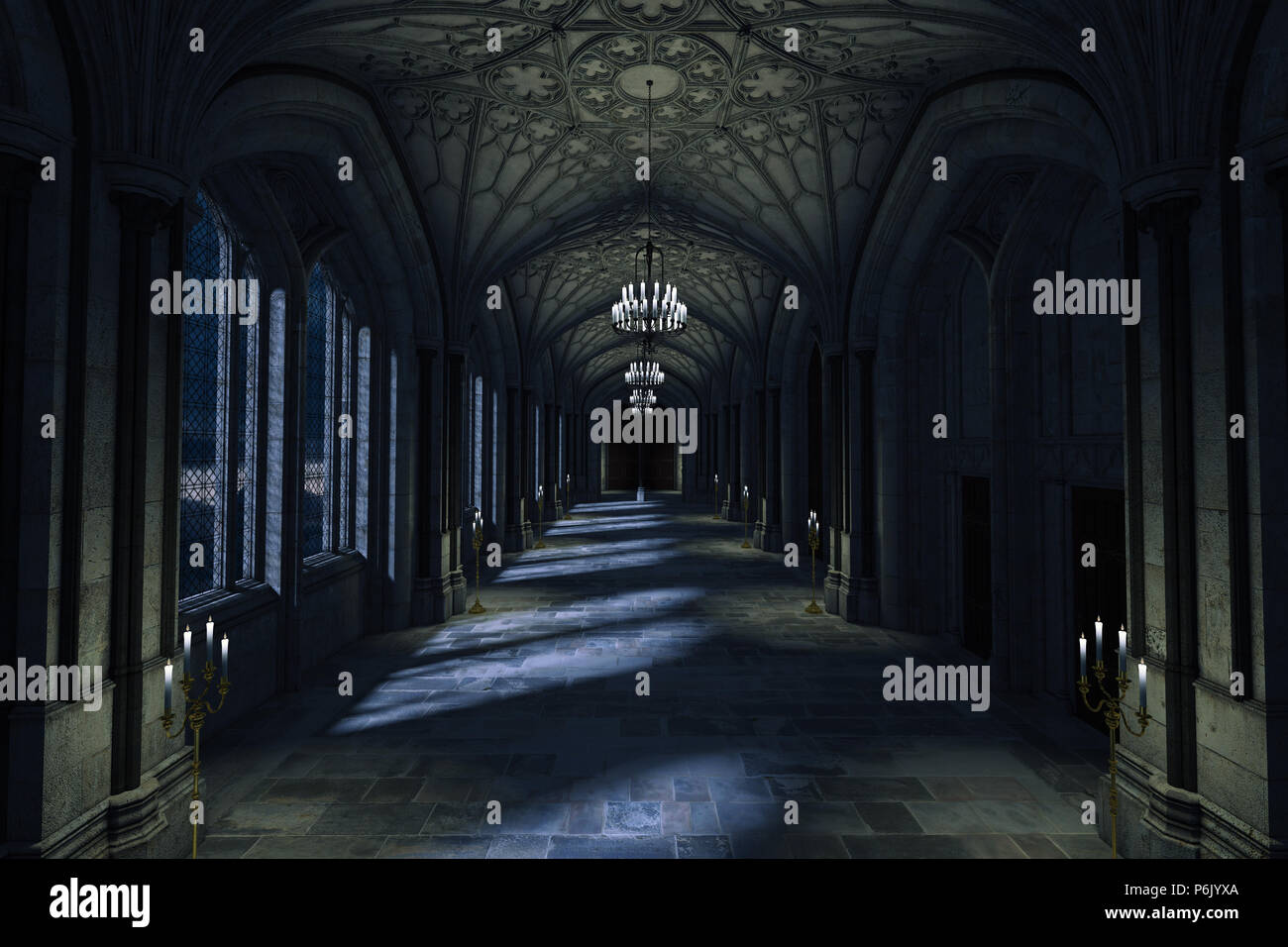Dark Palace Hallway with lit candles and moonlight shining through the ...