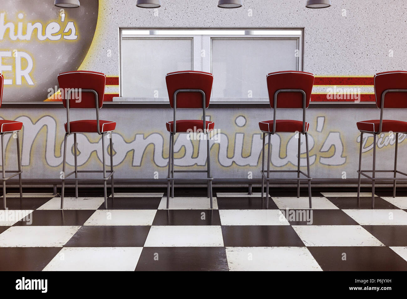 Vintage diner counter with red stools and checked floor, 3d render ...