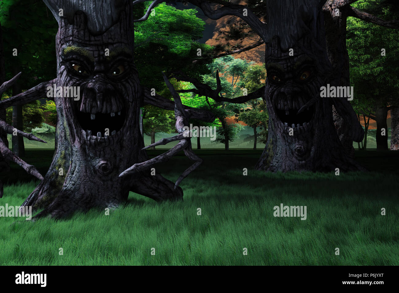 Fantasy image of trees that have come alive in the forest. 3d render ...