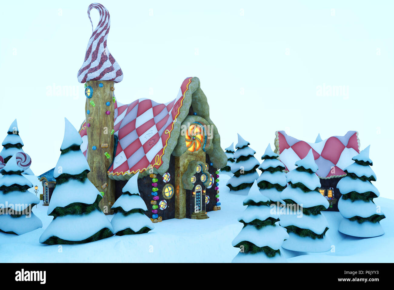 Christmas gingerbread house in the snow and lights, 3d render Stock ...