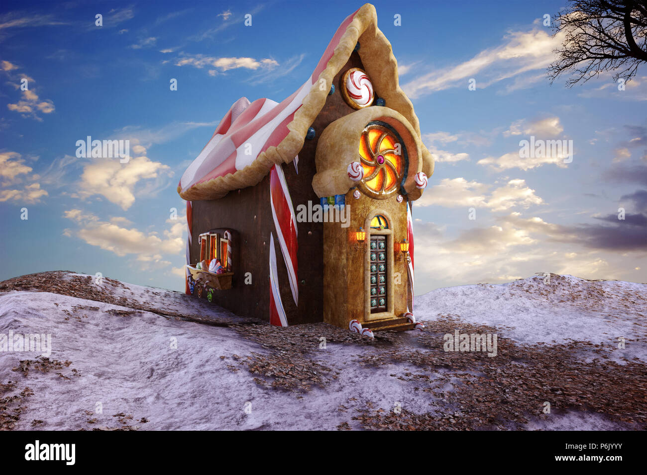 Christmas gingerbread house in the snow and lights, 3d render Stock ...