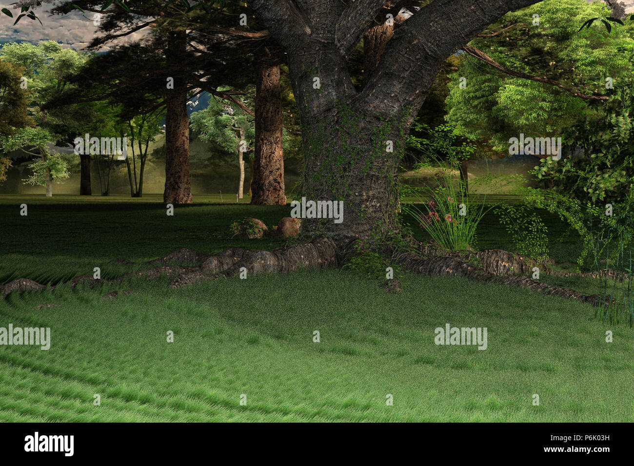 Lush green grass under a large tree, Landscape image, 3d render Stock ...