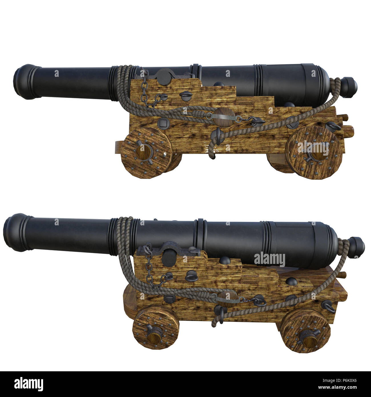 Old wooden base canon isolated on white, 3d render Stock Photo - Alamy