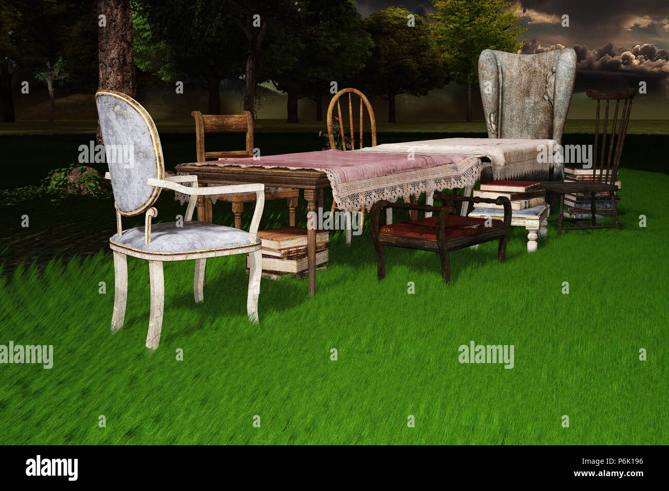 Fantasy scene tea party in the woods, with a table and chairs and books ...