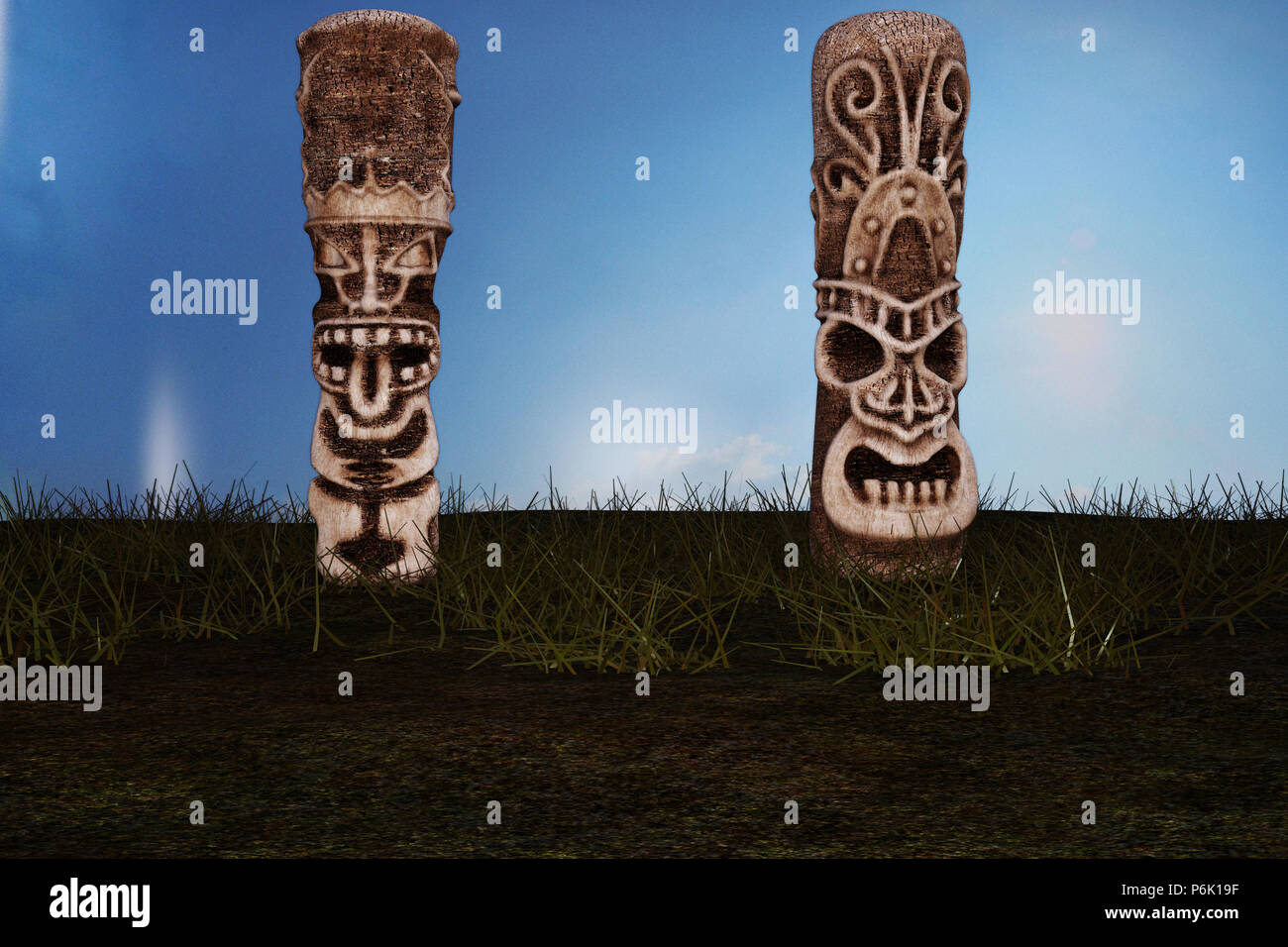 Tiki poles standing in a field, 3d render Stock Photo - Alamy