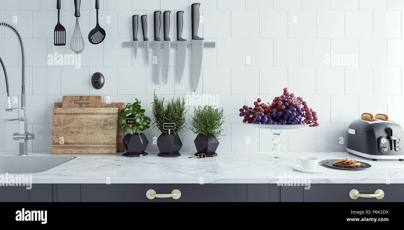 Modern kitchen interior close-up, 3d render Stock Photo - Alamy