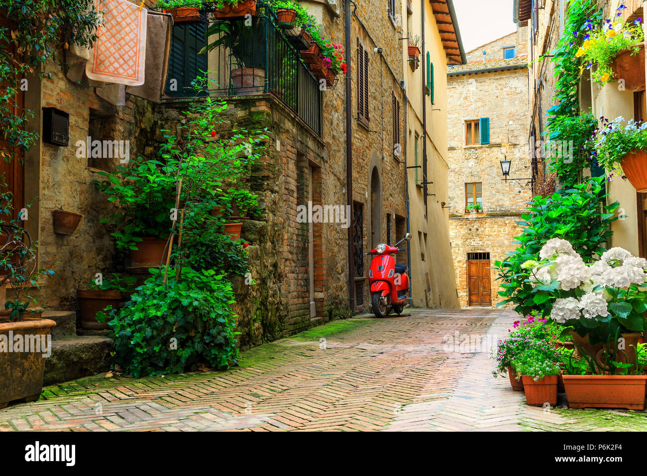 Spectacular traditional decorated street with flowers and rustic houses ...