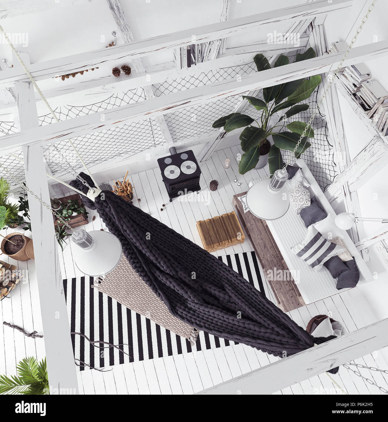 Attic interior design idea with hammock, scandinavian boho style. 3d ...