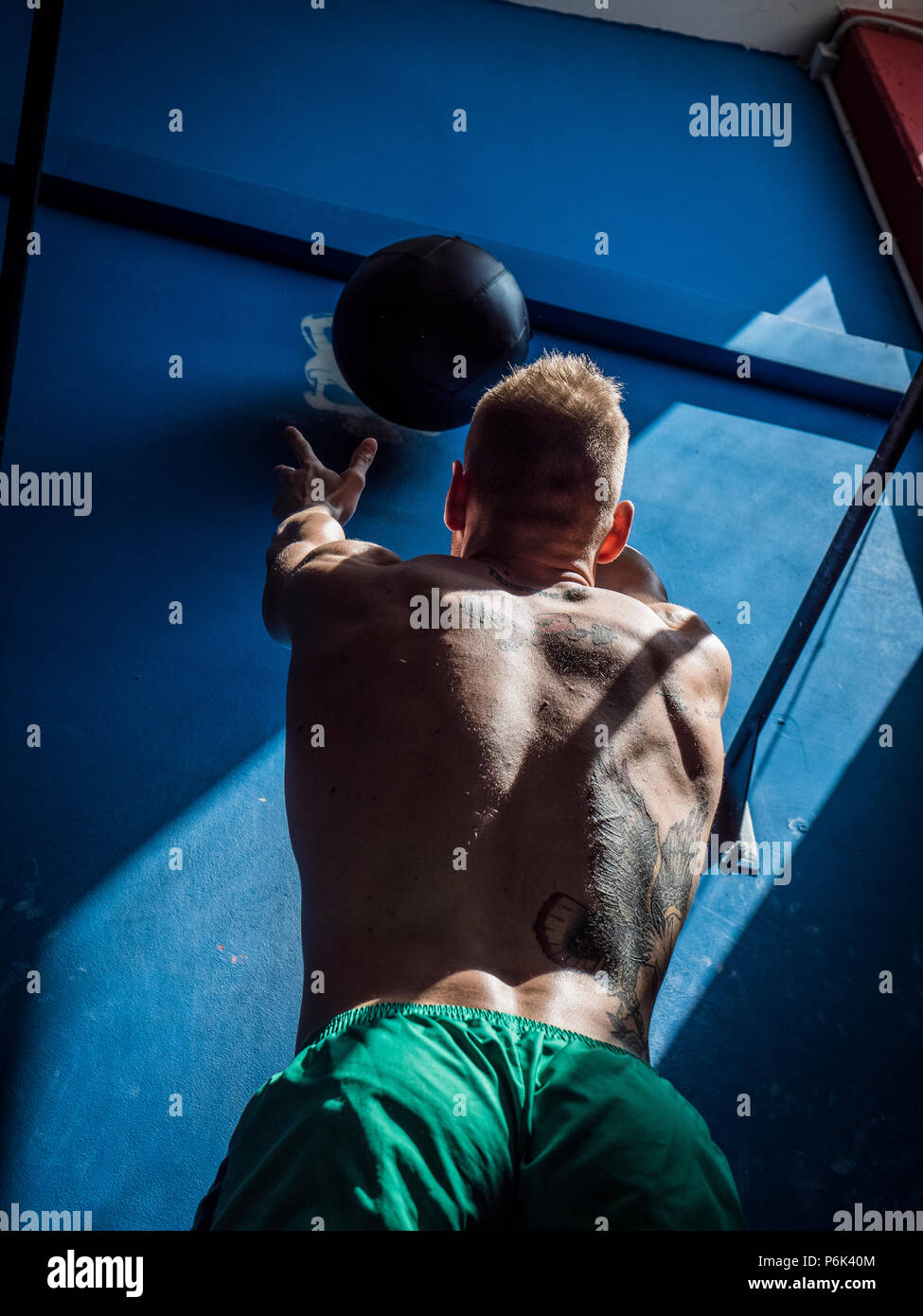 Male athlete throwing fit ball on wall in a gym, seen from the back ...