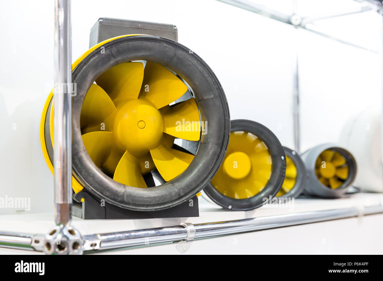 Air fans, exhibition sample in the store. Ventilation system engine on ...