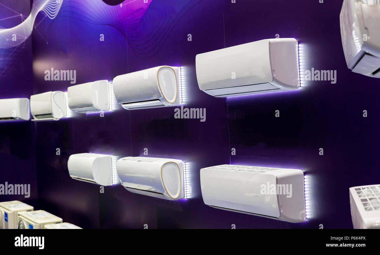Air conditioners, exhibition sample in the store. Ventilation and ...