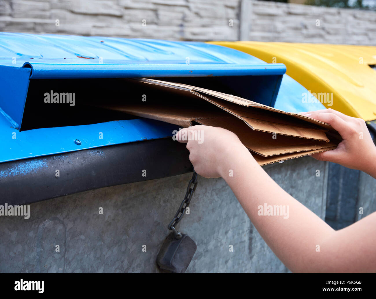 Young woman throwing carton packaging into container for sorted waste ...