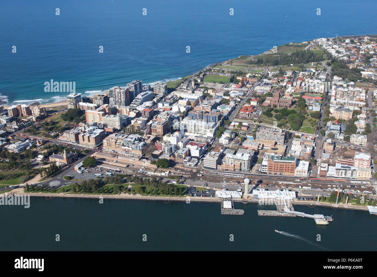 Aerial view of Newcastle city CBD area from helicopter showing the ...