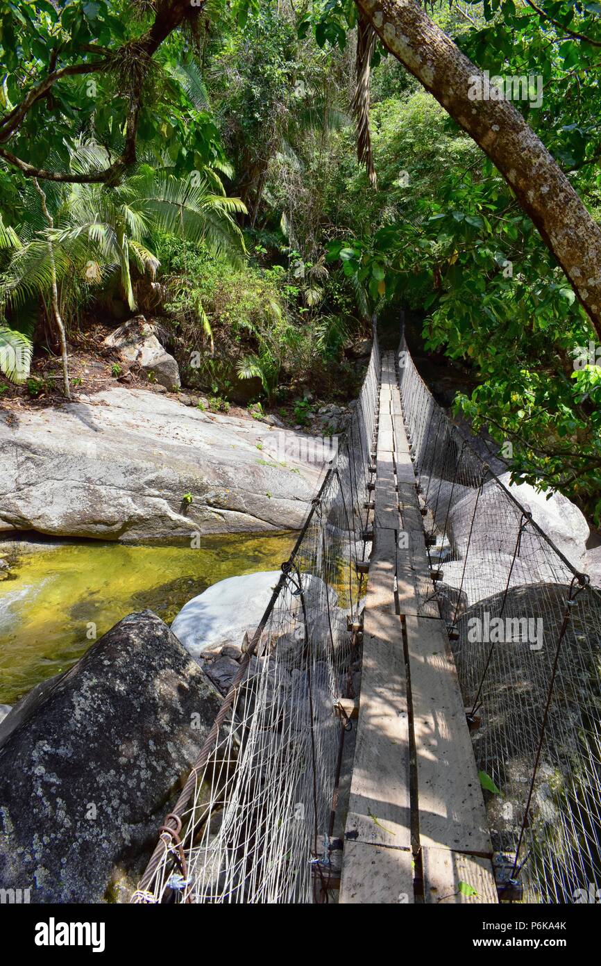 Rope and Wire suspended hanging bridge across a Jungle River in El Eden ...