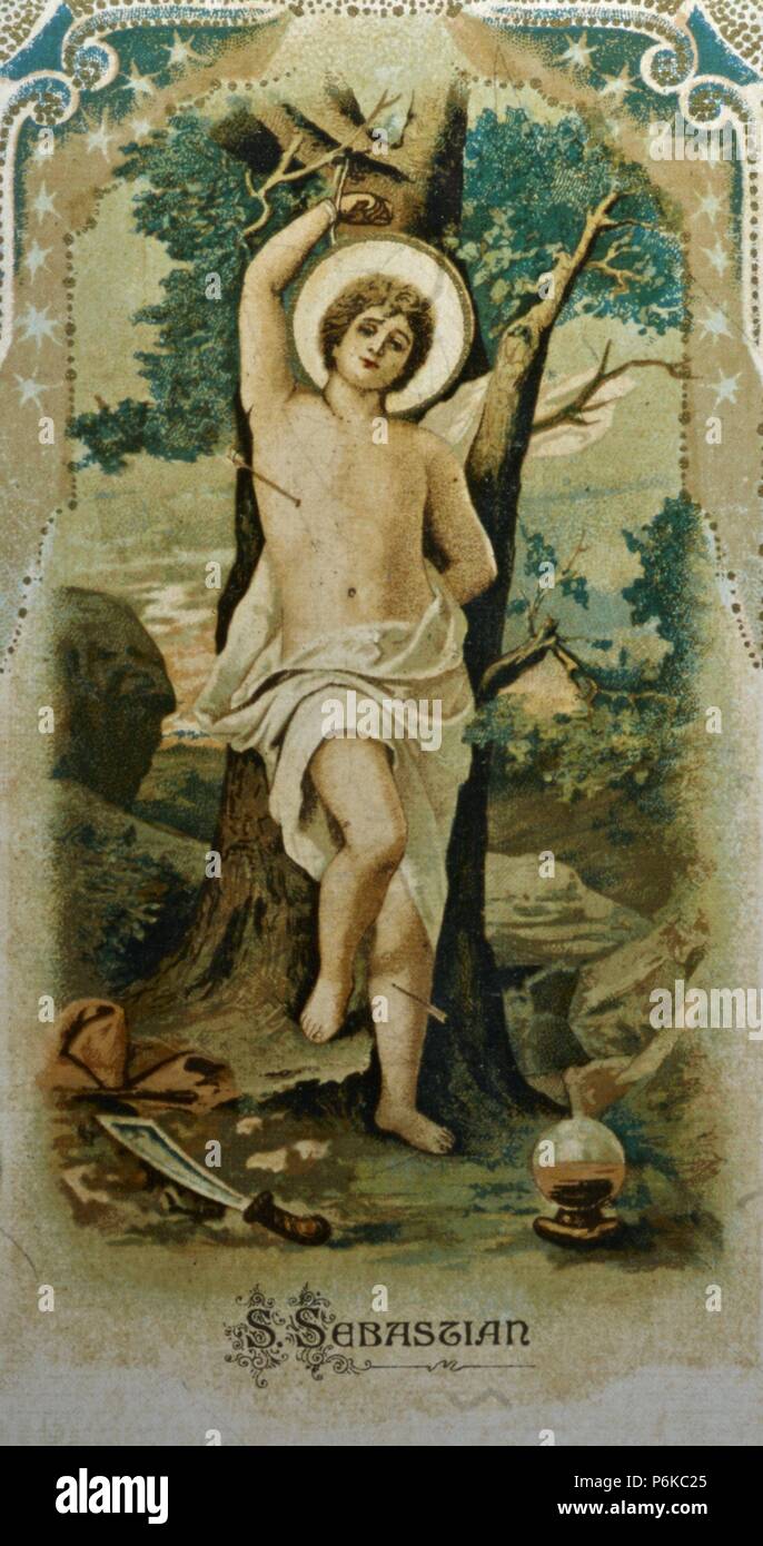 San Sebastián, mártir romano. Estampa religiosa de principios del siglo ...