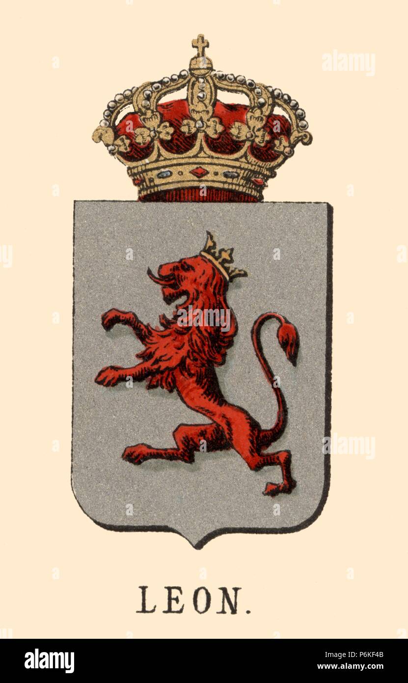 España. Heráldica. Escudo de armas de la provincia de León. Grabado de ...