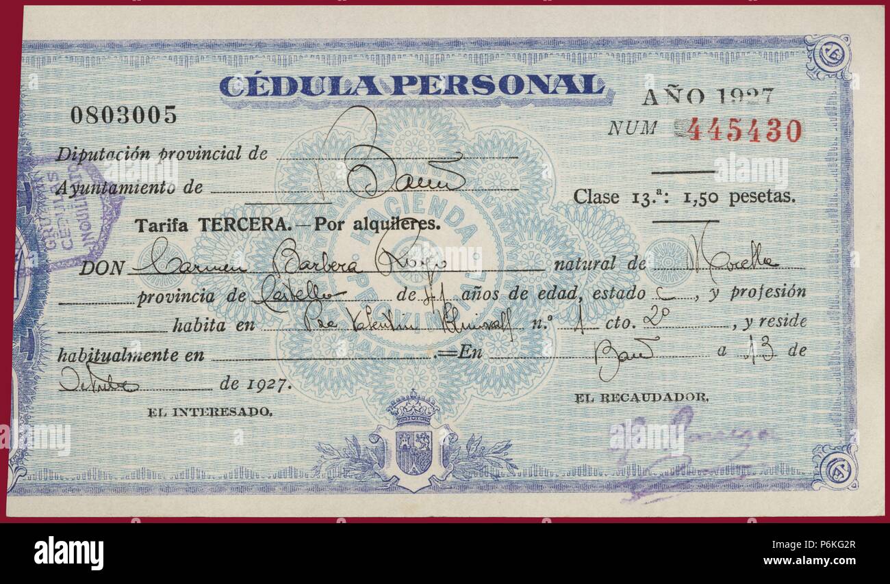 Cédula Personal expedida por el ayuntamiento de Barcelona en 1927 Stock ...