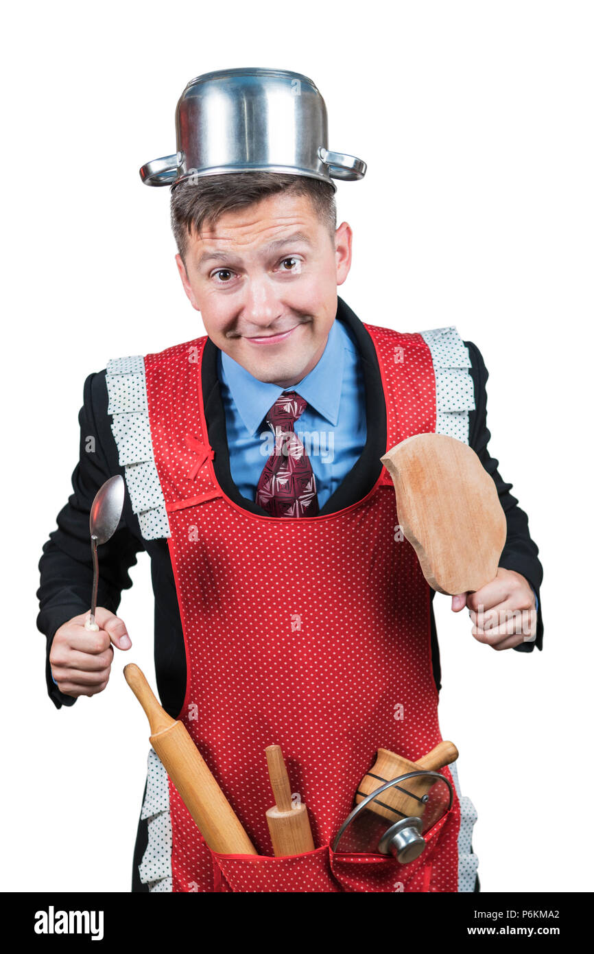 Portrait of a funny businessman in an apron with a pot on his head ...