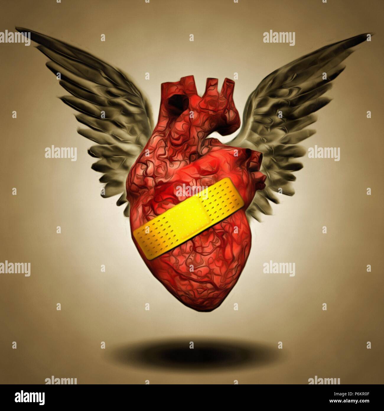 Surrealism. Winged human heart with patch Stock Photo - Alamy