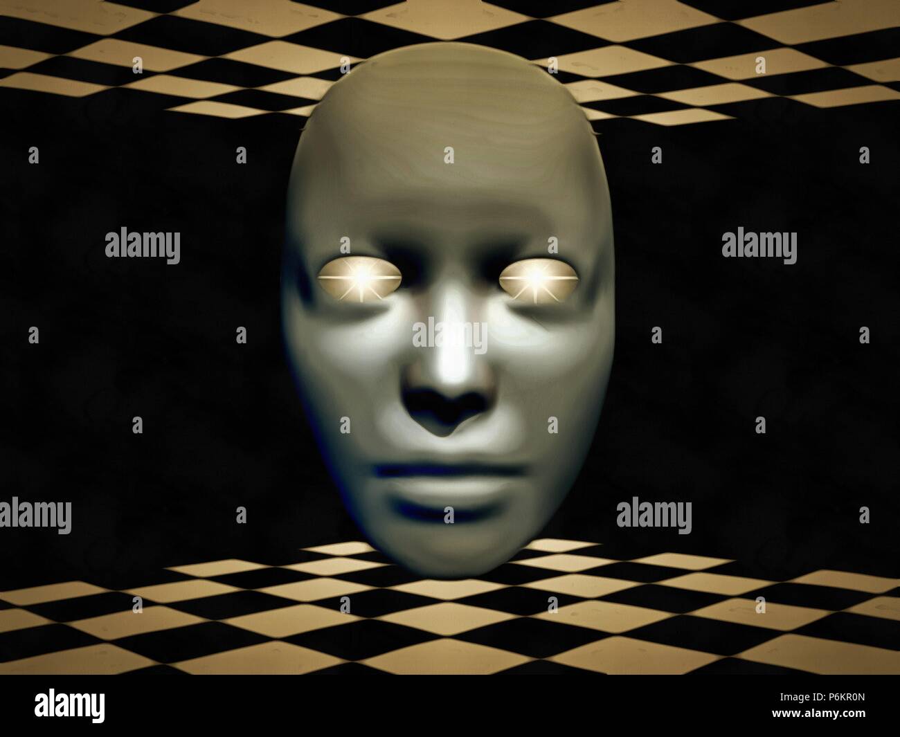 Surreal digital art. Mask with glowing eyes hovers between chessboards ...