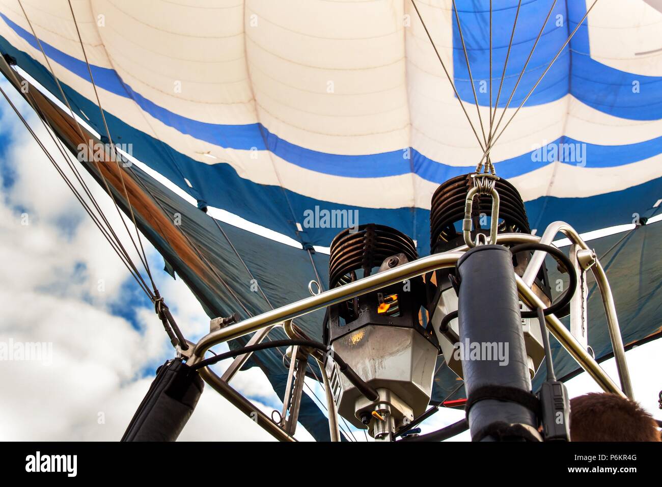 Closeup rusty metal hot air balloon fire burner engine. Gas burner for ...