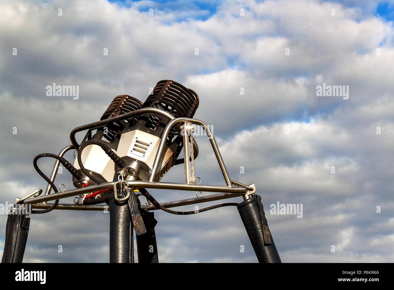 Closeup rusty metal hot air balloon fire burner engine. Gas burner for ...