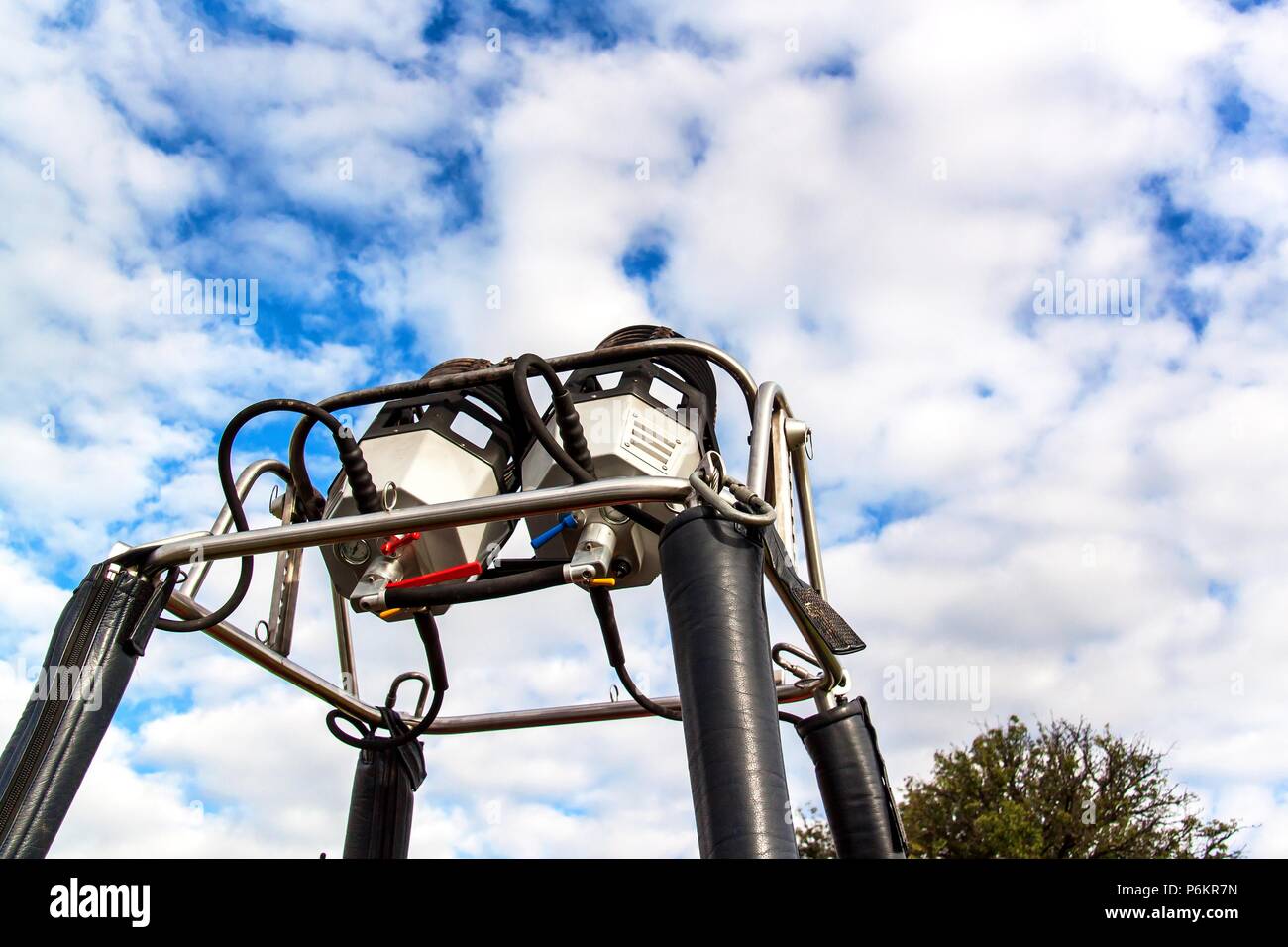 Closeup rusty metal hot air balloon fire burner engine. Gas burner for ...