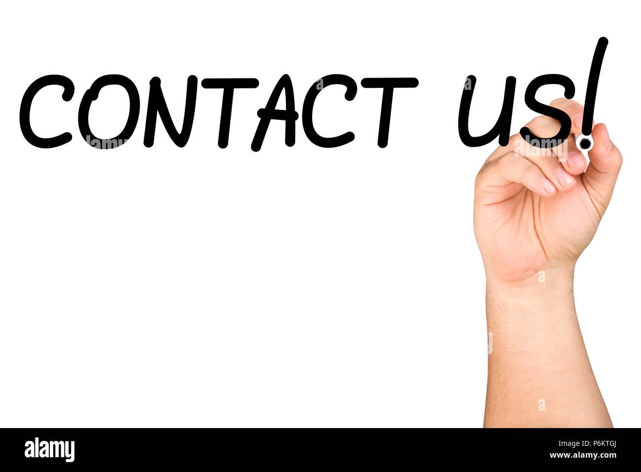 Male hand writing contact us text with black felt tip or marker on a ...
