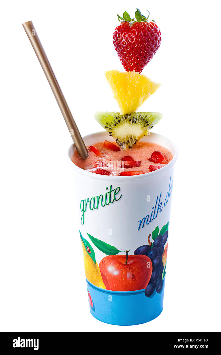 Strawberry milkshake with straw garnished with fresh fruit isolated ...