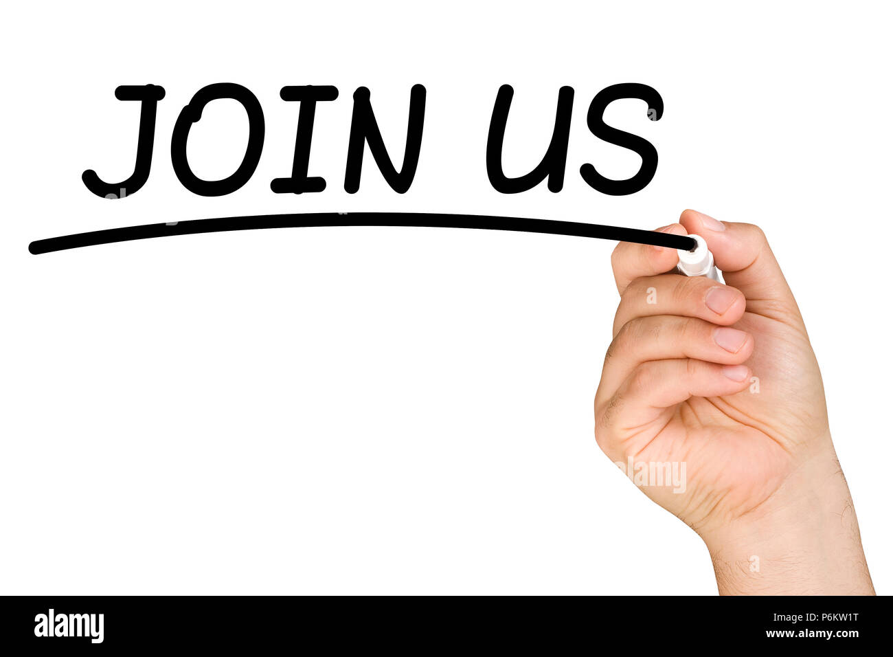 Hand underlining join us text with black felt tip or marker on a clear ...