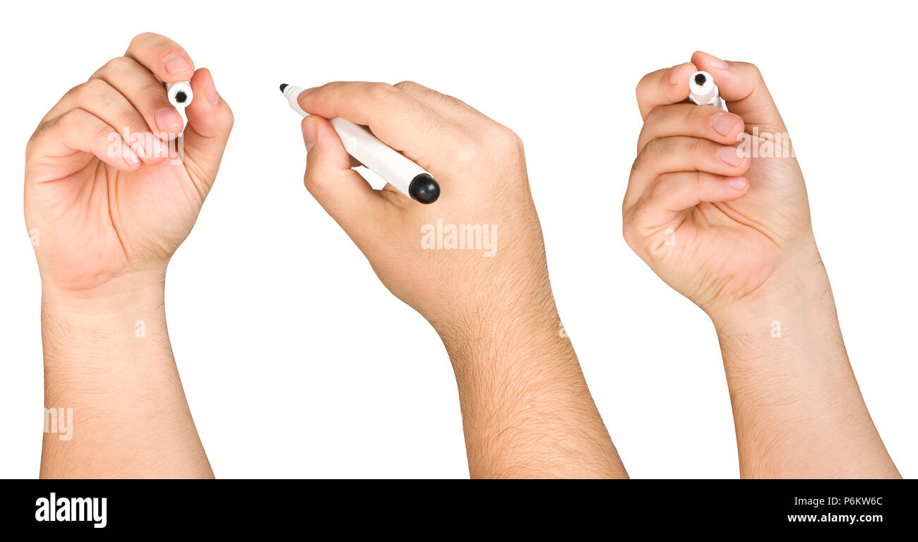 Collection of male hand holding black felt tip or marker in three ...