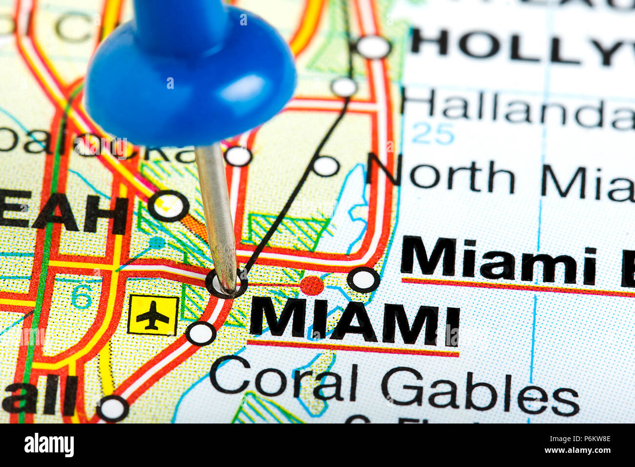 Miami Florida highlighted with blue push pin on atlas or map Stock ...