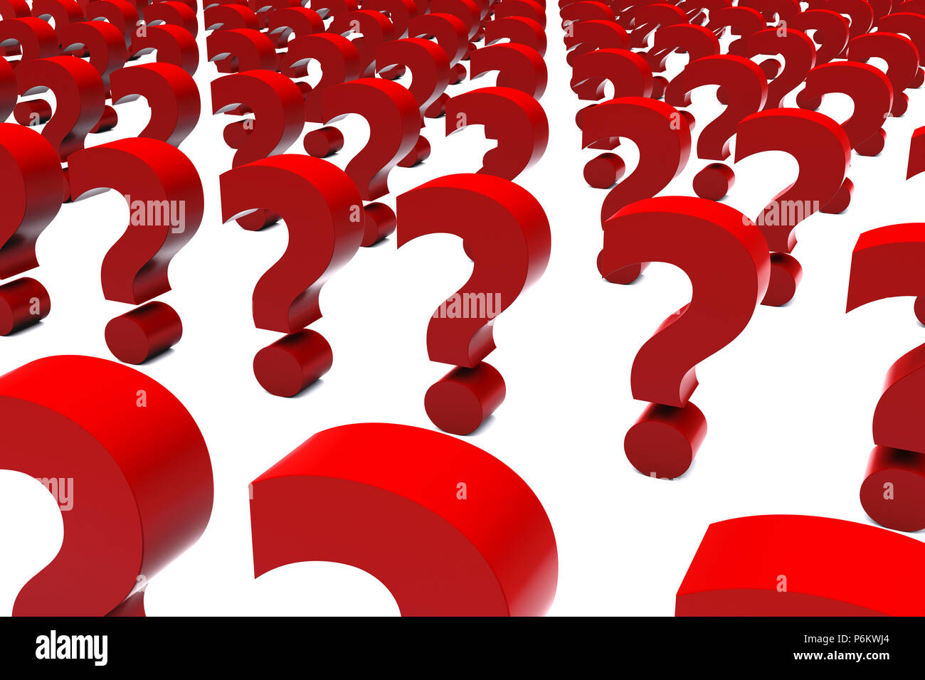 3d Illustration featuring red question marks aligned and upright placed ...