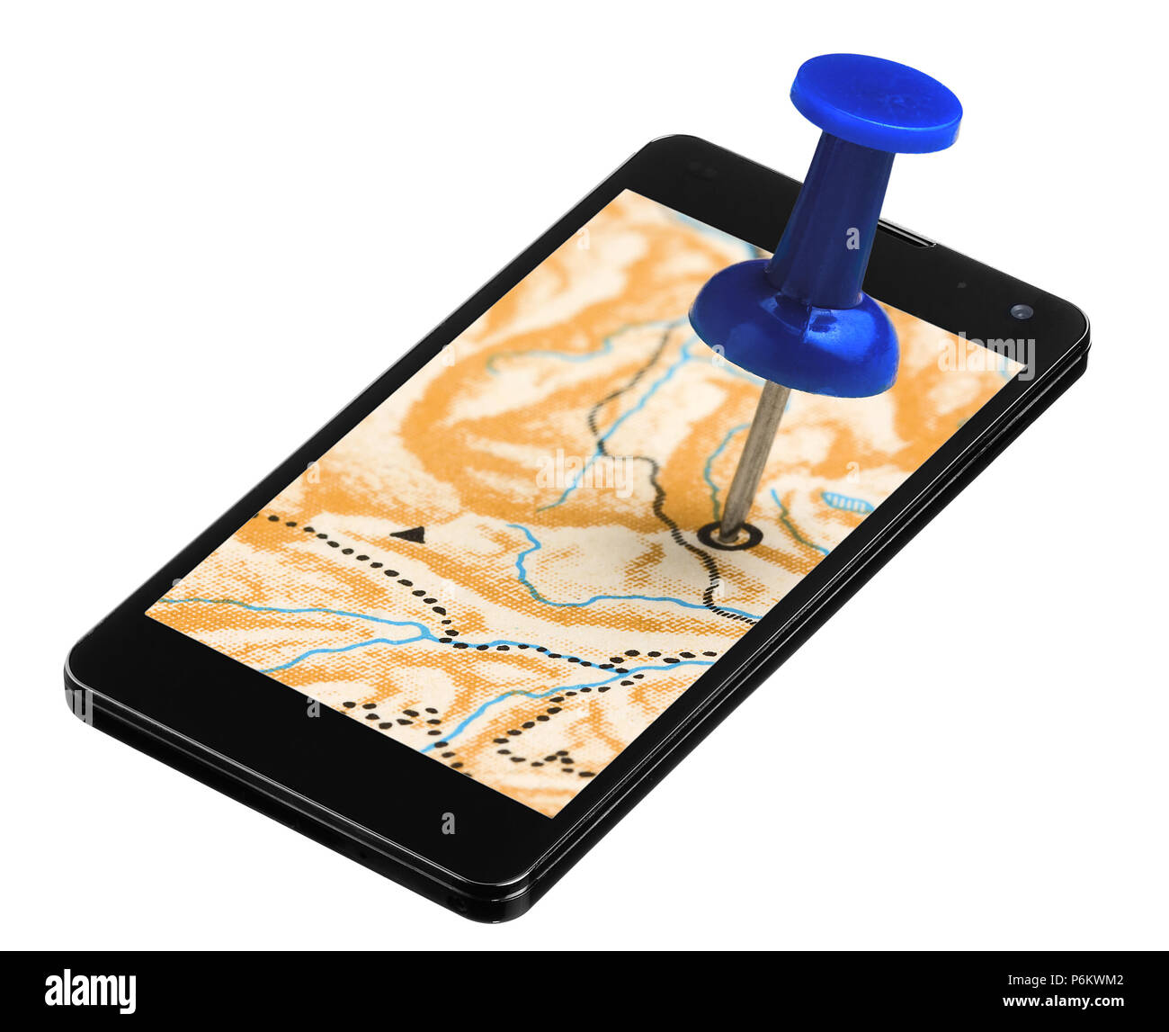 Pushpin stuck in smartphone displaying nameless map isolated Stock ...