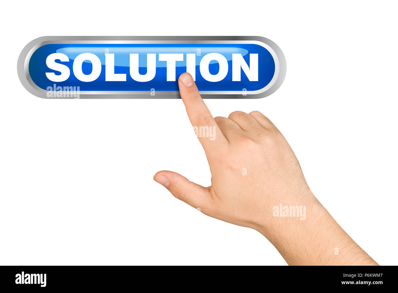 Hand is about to pushing big blue solution button isolated Stock Photo ...