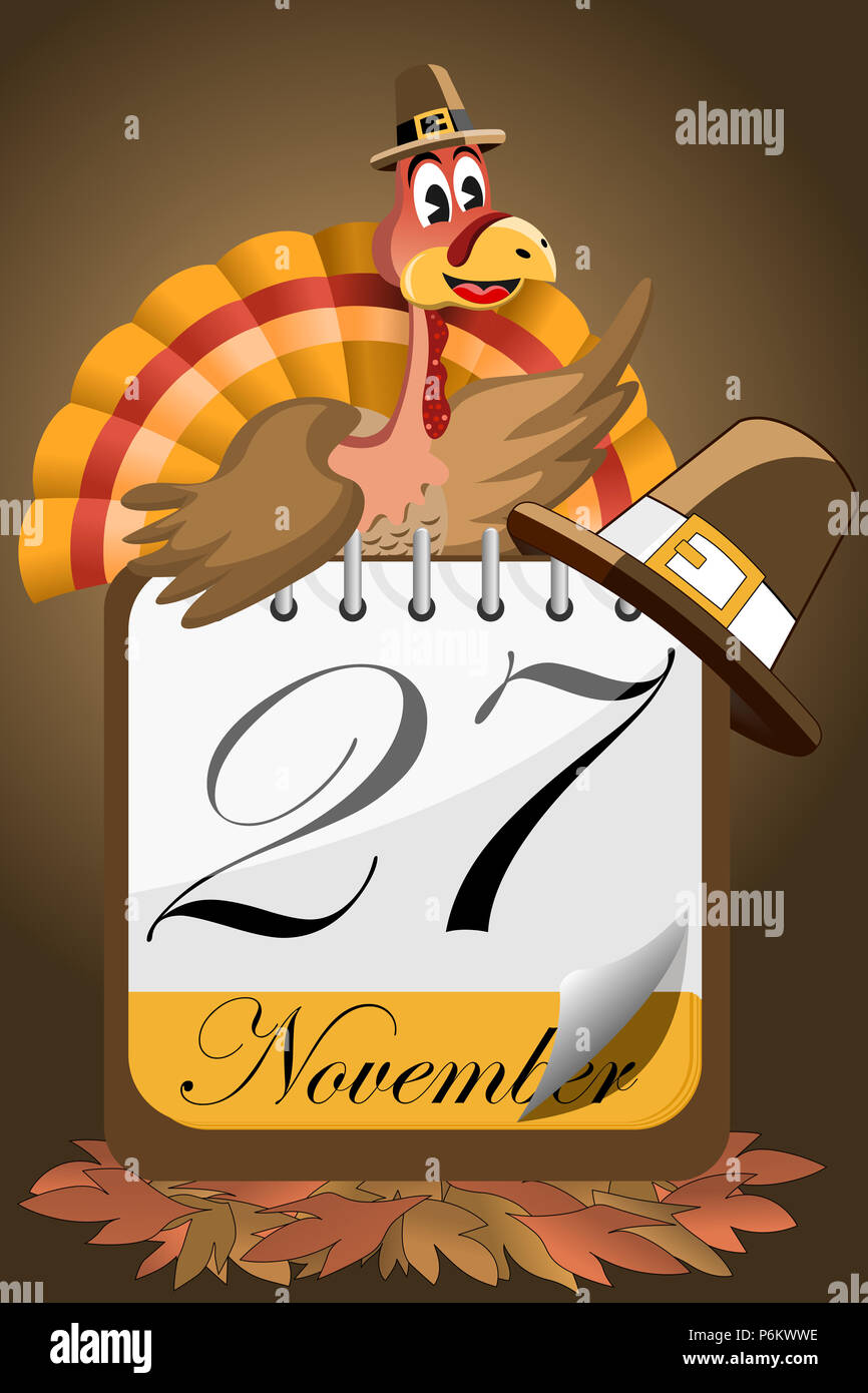 Cartoon turkey with pilgrim hat presenting Thanksgiving Day calendar on ...
