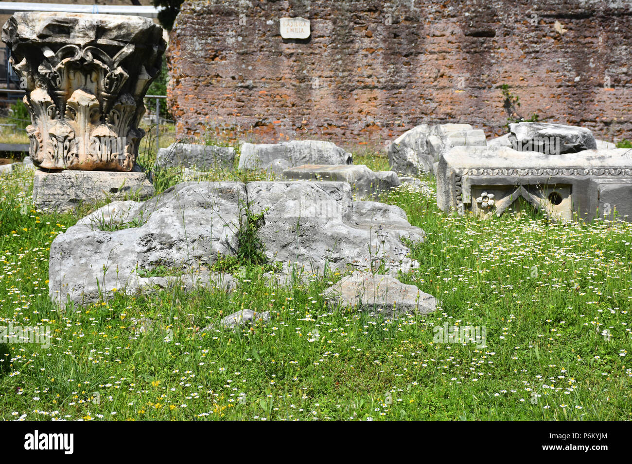 Rome, view and details of the archaeological area of the Roman Forums ...