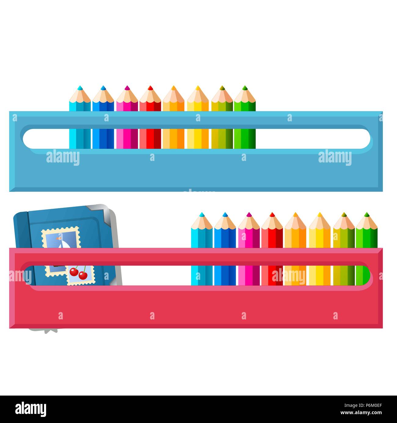 Shelf for multicolored pencils isolated on white background. Vector ...