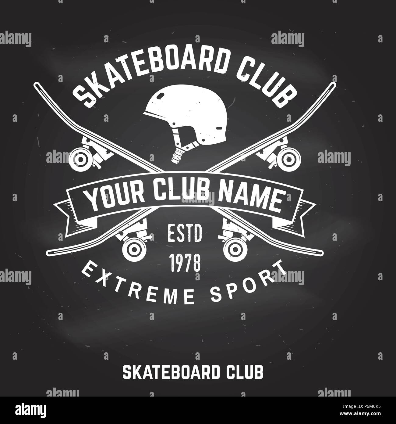 Skateboard club badge on the chalkboard. Vector illustration. For skate ...