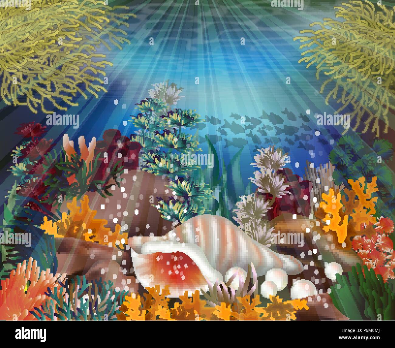 Underwater card with shell and tropical fish, vector illustration Stock ...