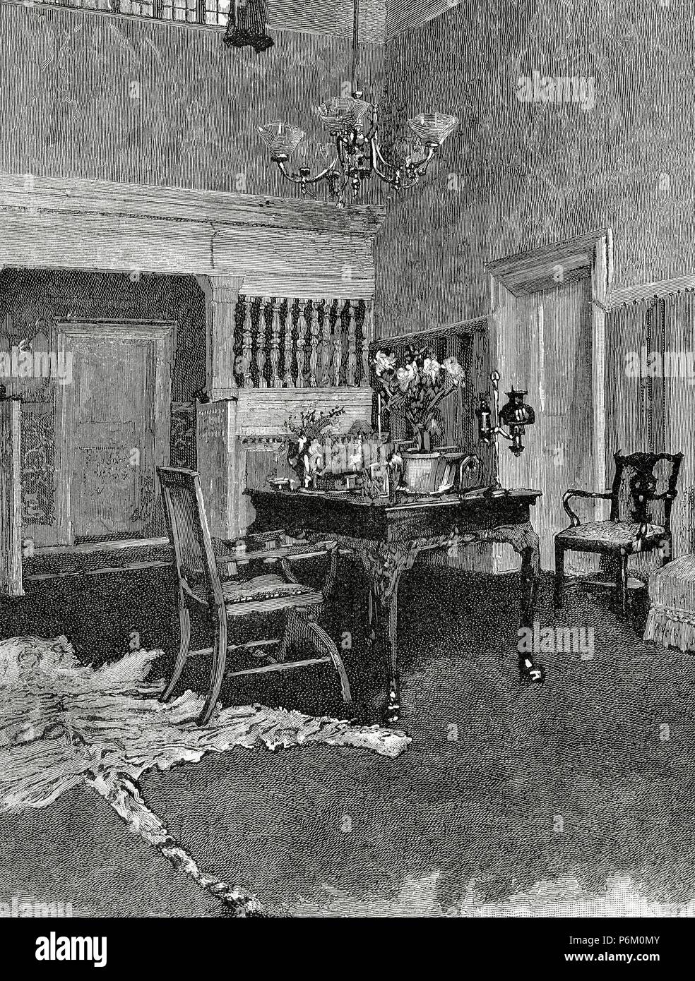 Bourgeois house. Sitting room. 19th century. Engraving Stock Photo - Alamy