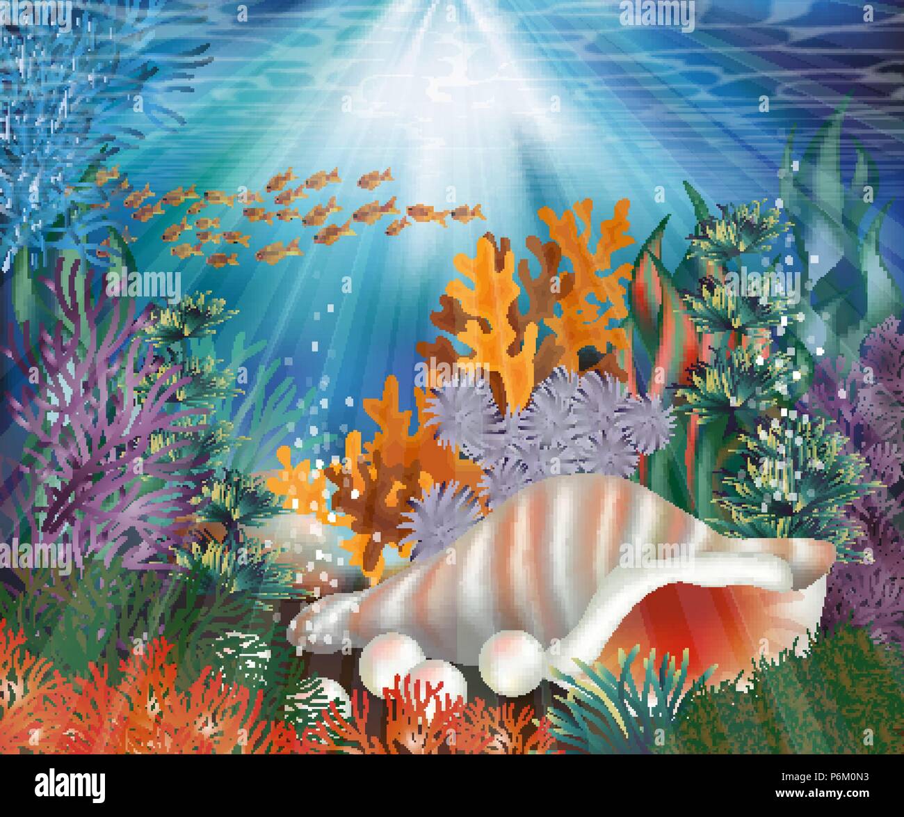 Underwater card with shell and tropical fish, vector illustration Stock ...