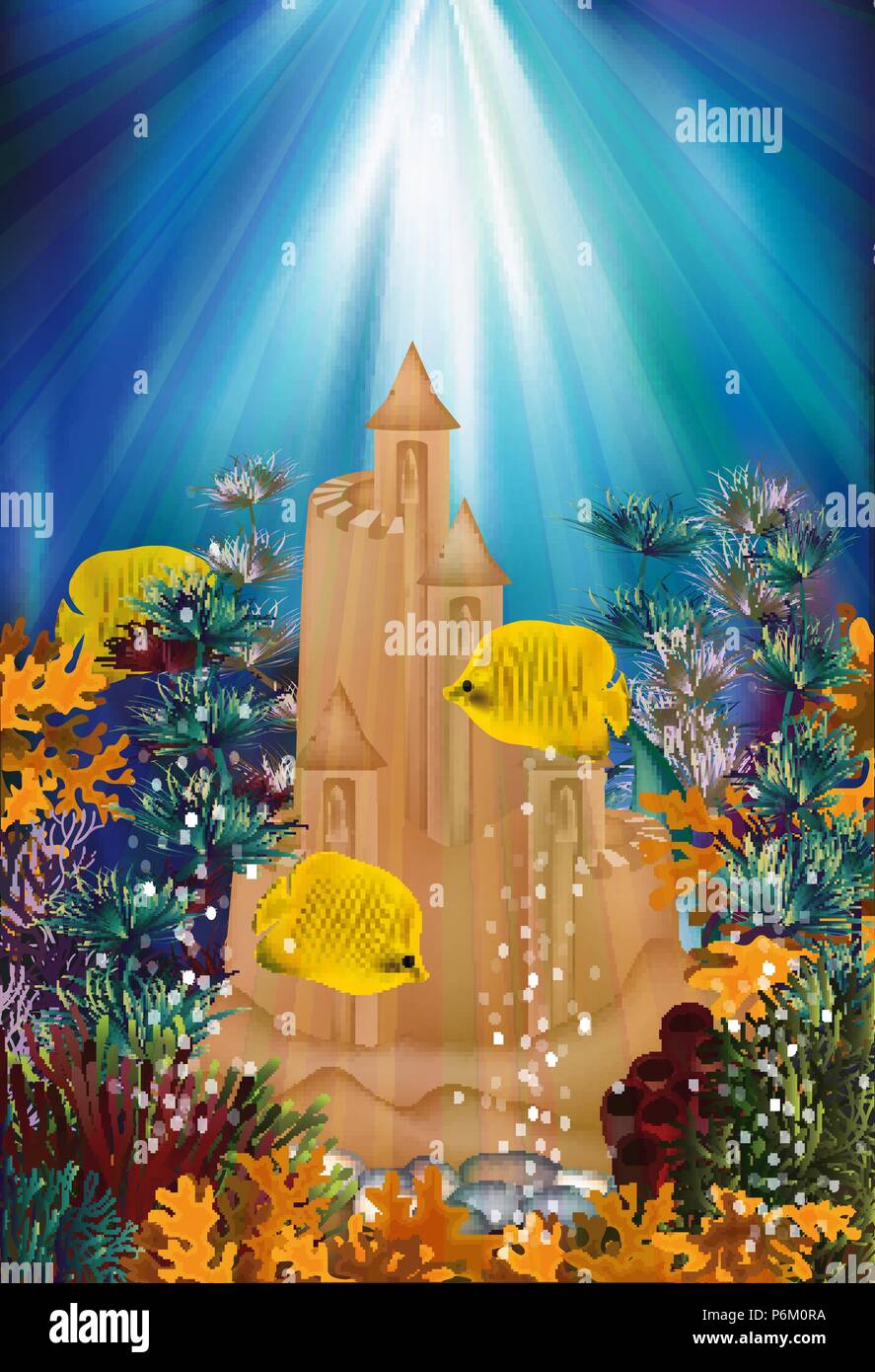 Underwater banner with ship and sand castle, vector illustration Stock ...