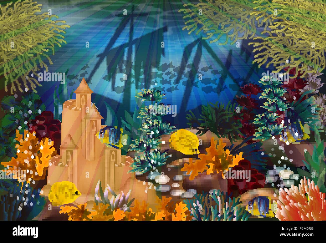 Underwater banner with ship and sand castle, vector illustration Stock ...