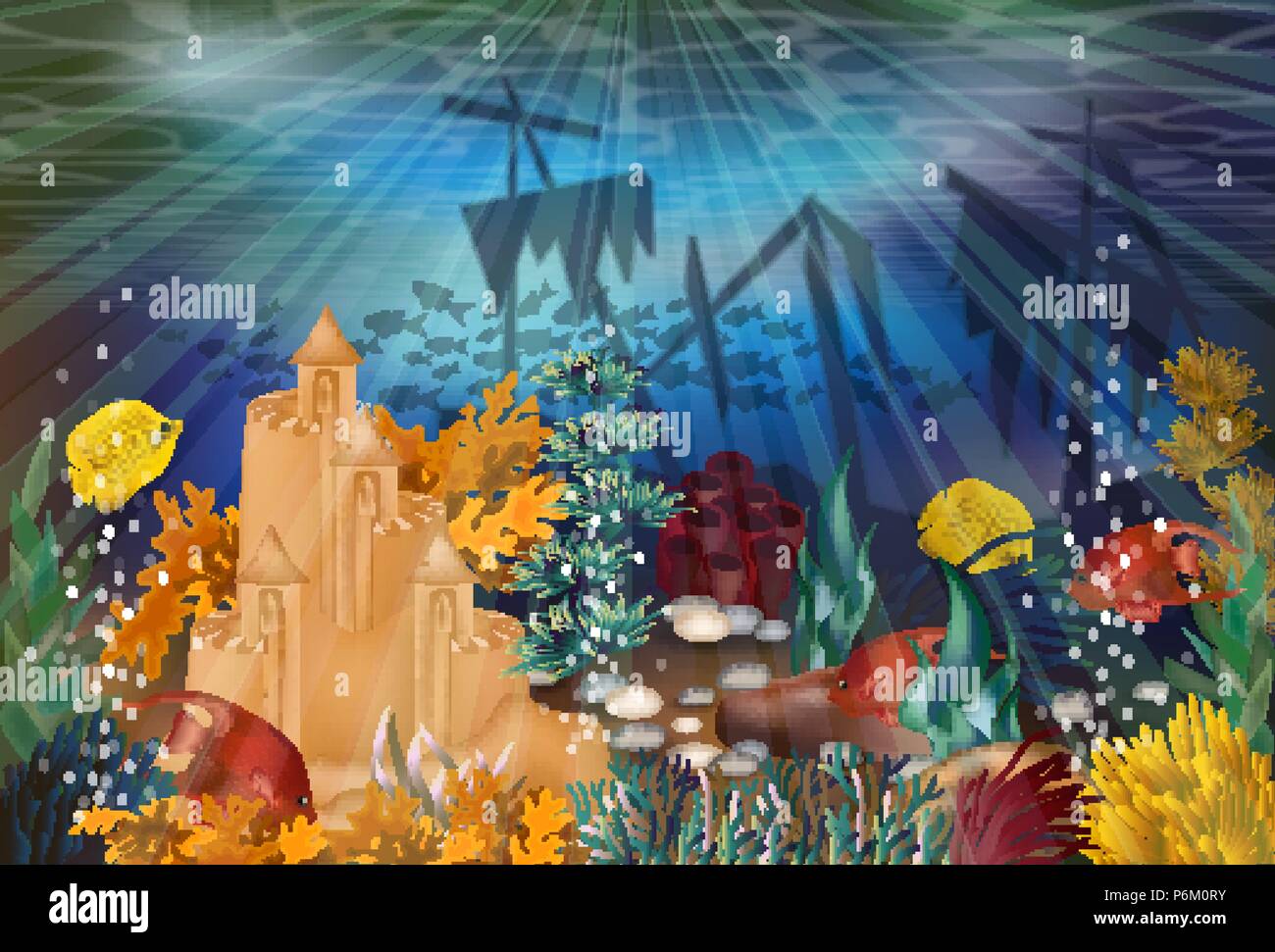 Underwater banner with ship and sand castle, vector illustration Stock ...